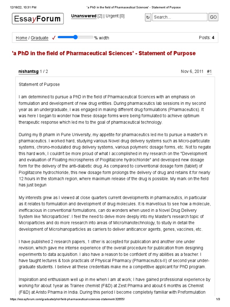 'A PHD in The Field of Pharmaceutical Sciences' - Statement of Purpose ...