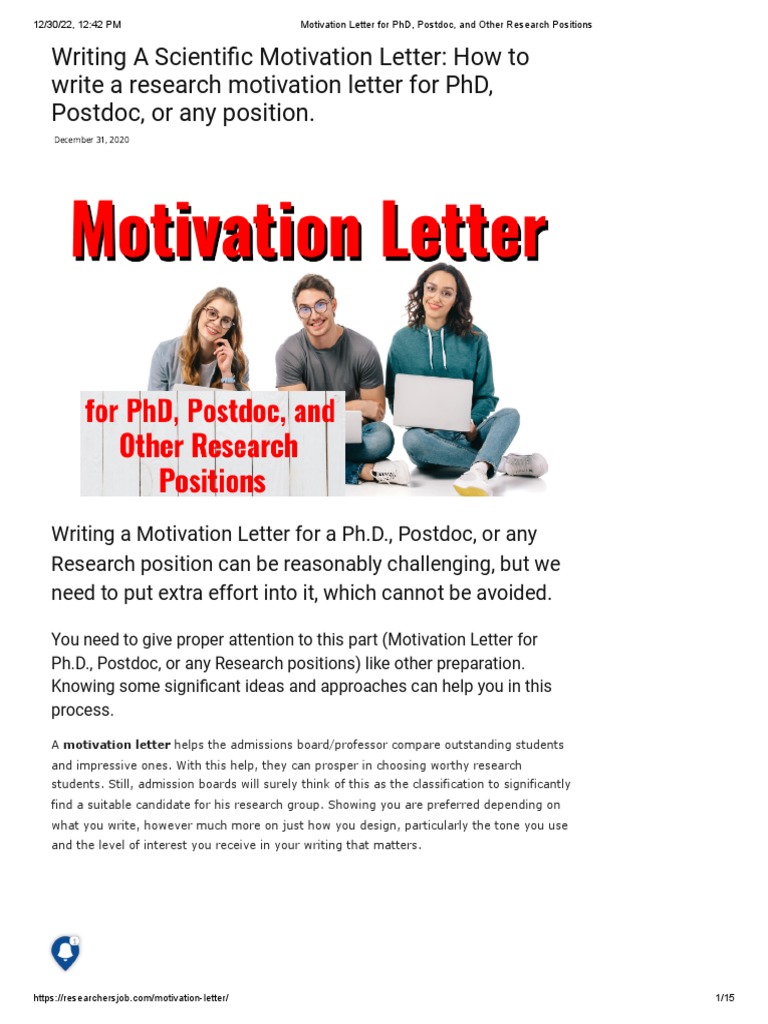 Motivation Letter For PHD, Postdoc, and Other Research Positions | PDF ...