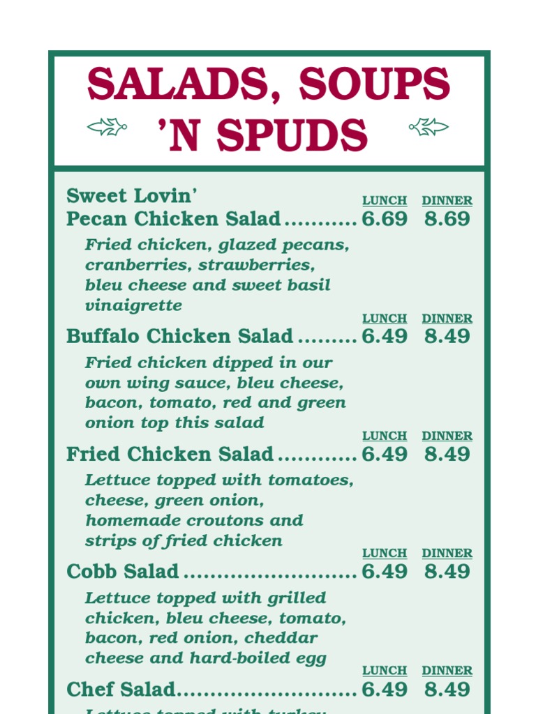 Soups Salads Spuds MENU | PDF | Hamburgers | Coleslaw