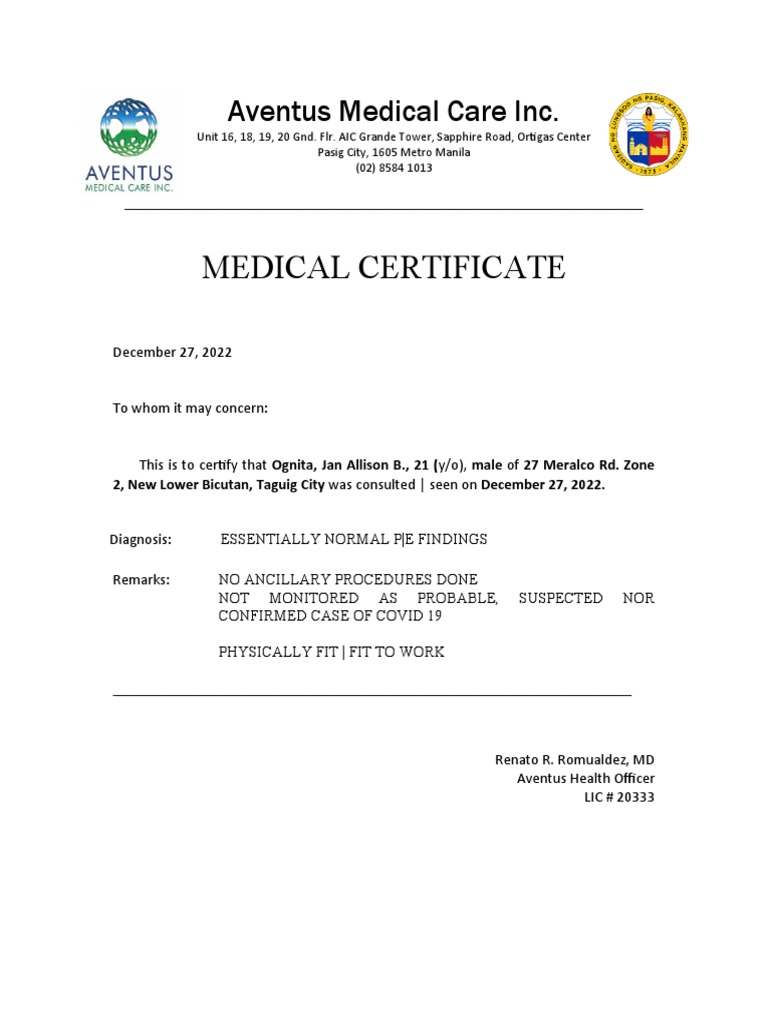 Jan Allison Medial Certificate | PDF