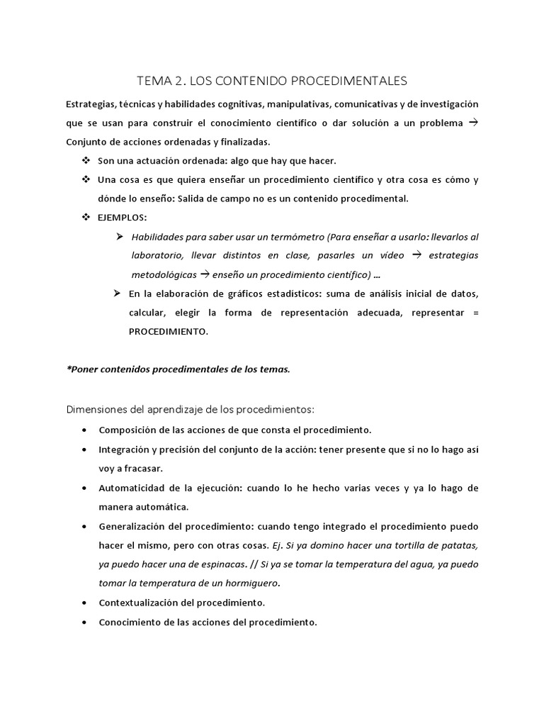 T2. Contenidos Procedimentales | PDF | Método de enseñanza | Conocimiento