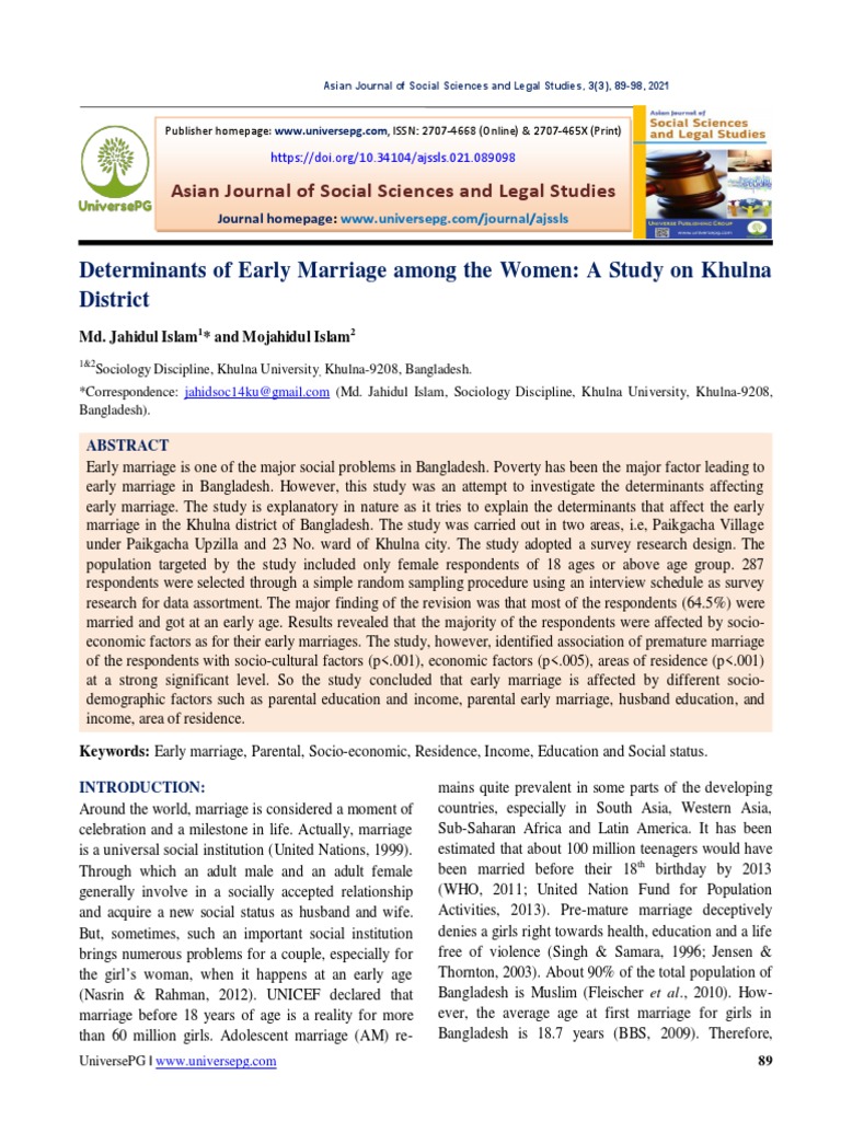 Determinants of Early Marriage in Khulna | PDF | Child Marriage | Marriage