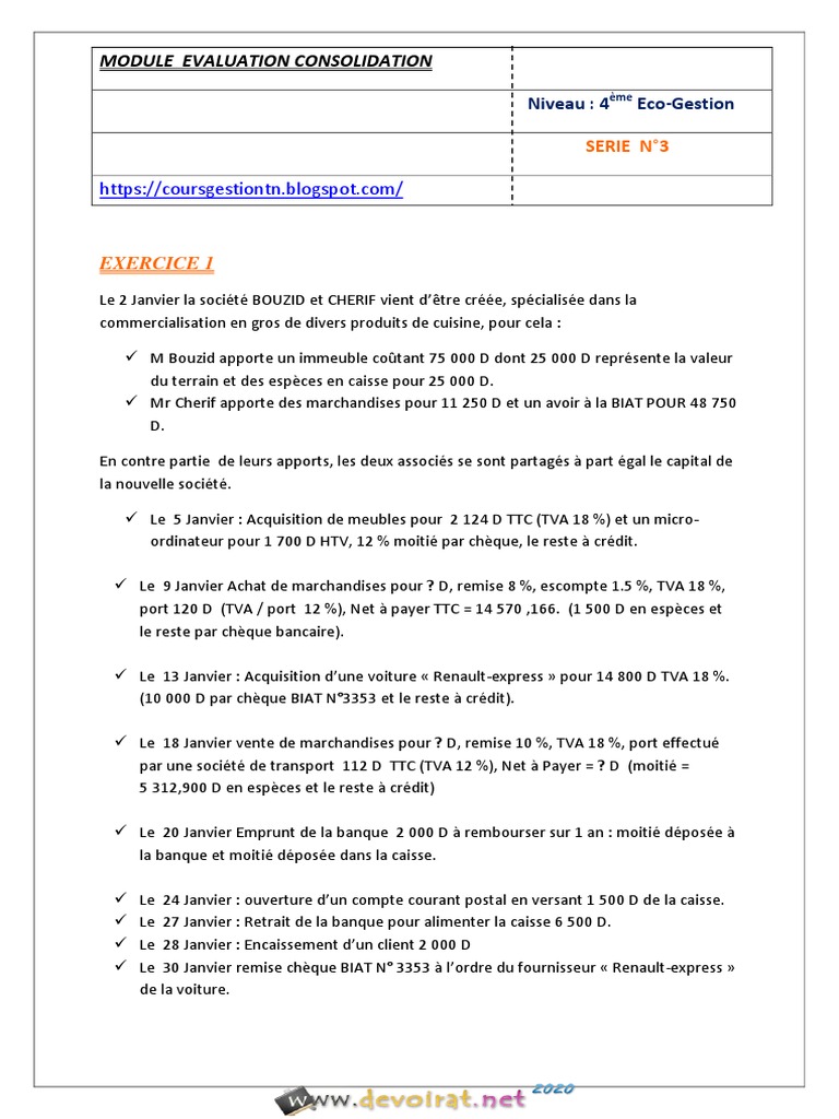 Série D'exercices N°3 Avec Correction - Gestion - MODULE EVALUATION ...