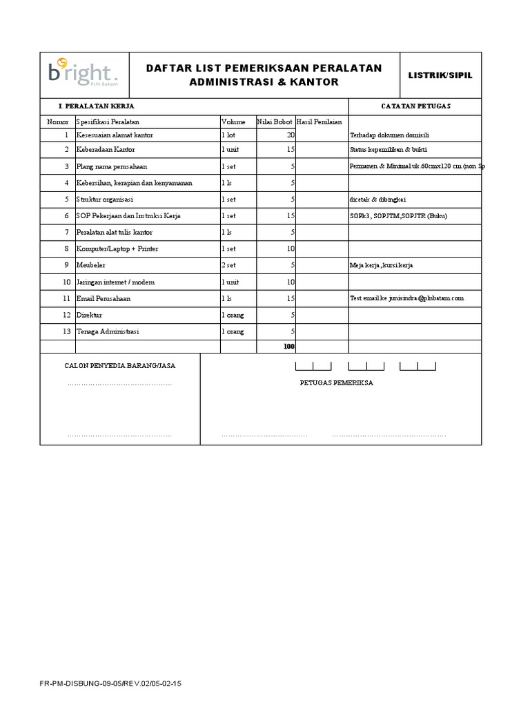 Cek List Peralatan Kantor-Pm-Disbung-09-05 - Revisi 01 Jan 2020 | PDF