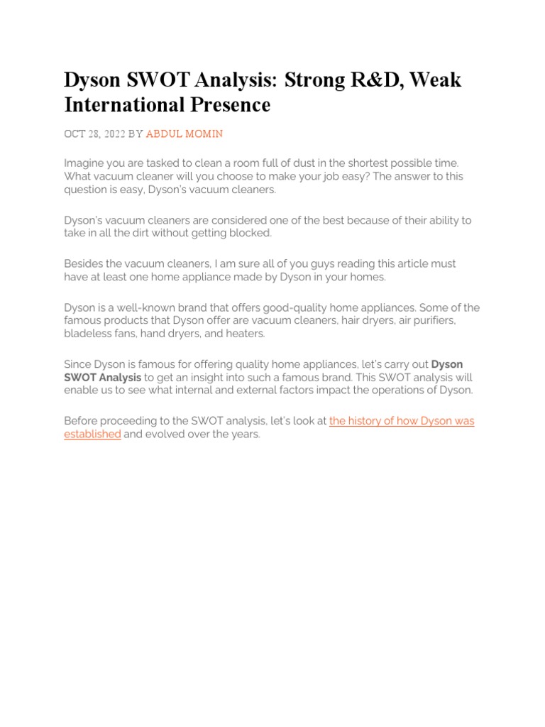 Dyson SWOT Analysis: Strong R&D, Weak International Presence | PDF ...