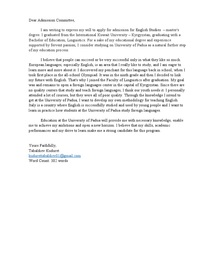 Motivational Letter Padua | PDF