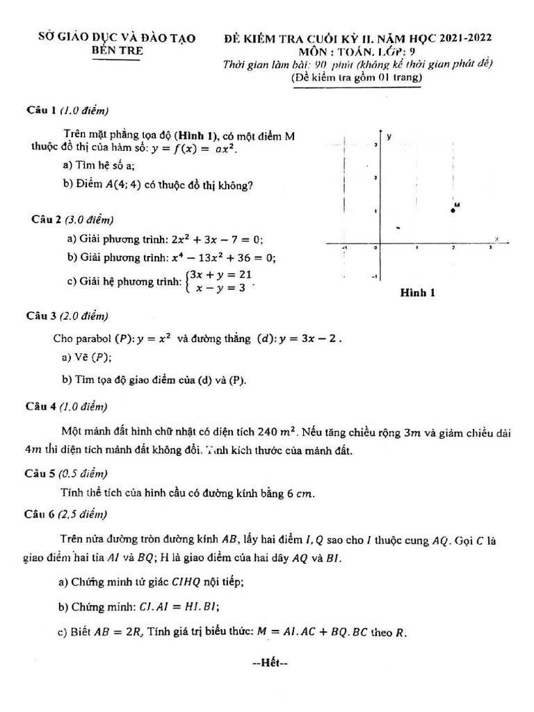 De Kiem Tra Cuoi Ky 2 Toan 9 Nam 2021 2022 So GDDT Ben Tre | PDF