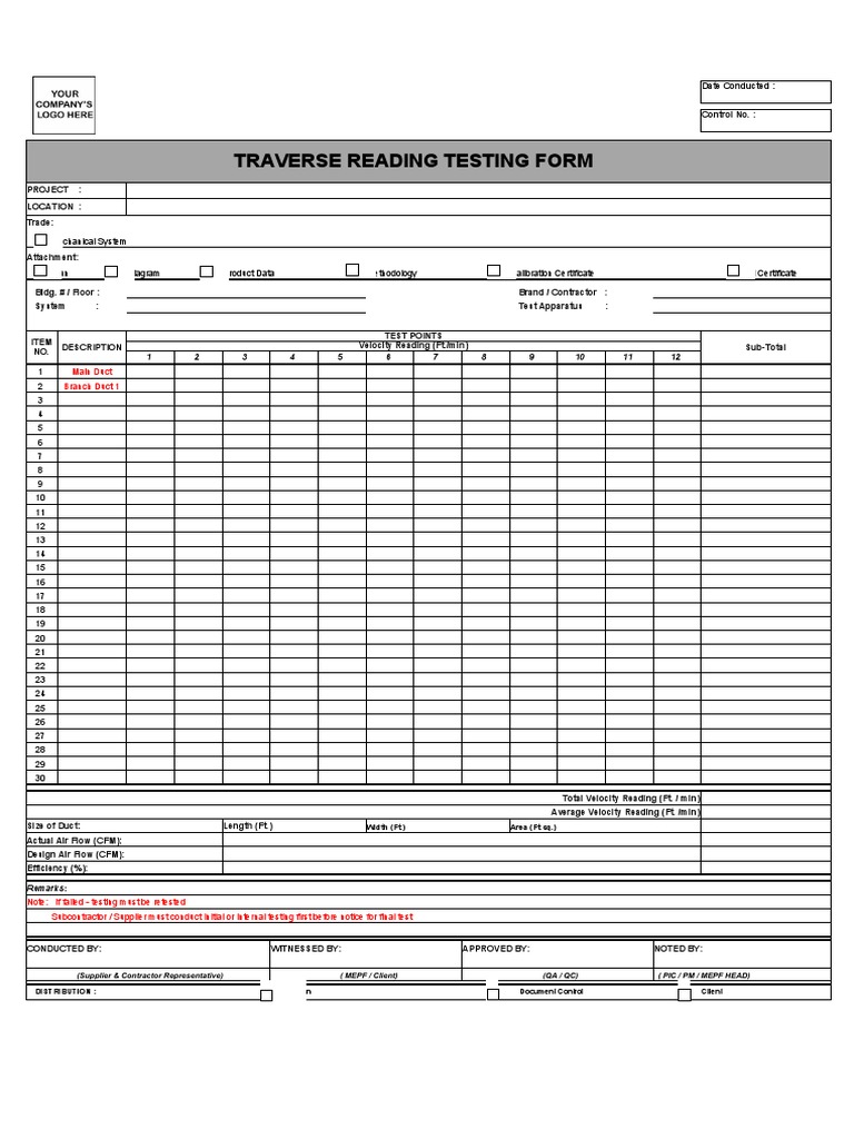 Duct Traverse Reading Testing Form | PDF