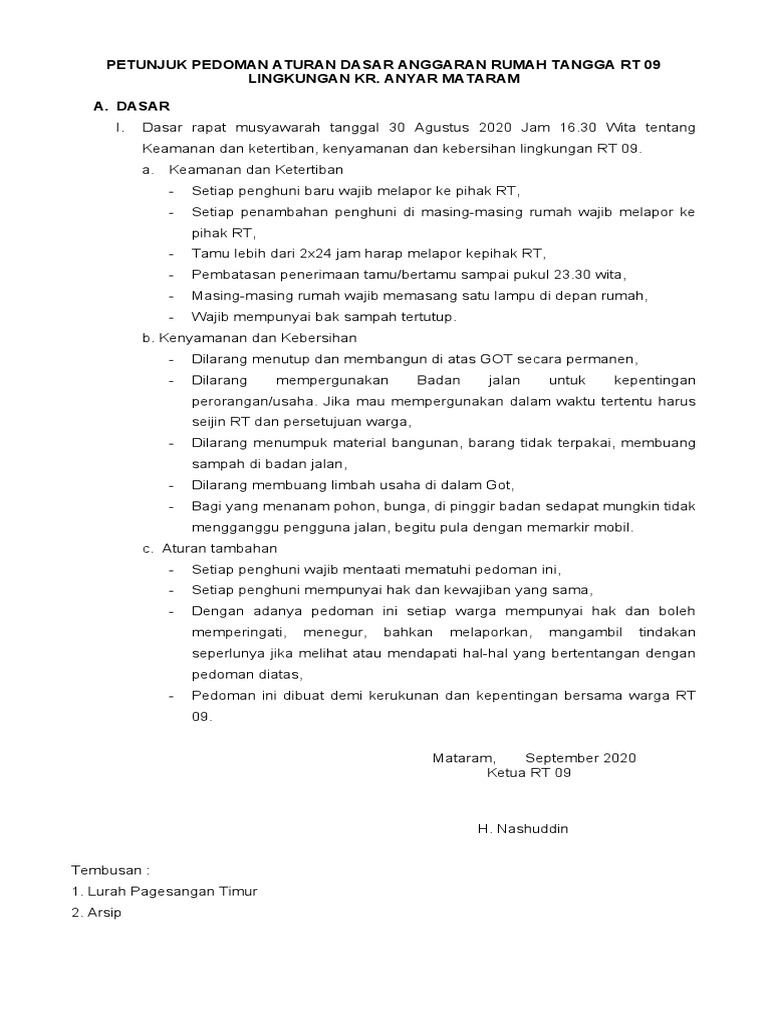 Aturan Dasar RT 09 Mataram 2020 | PDF