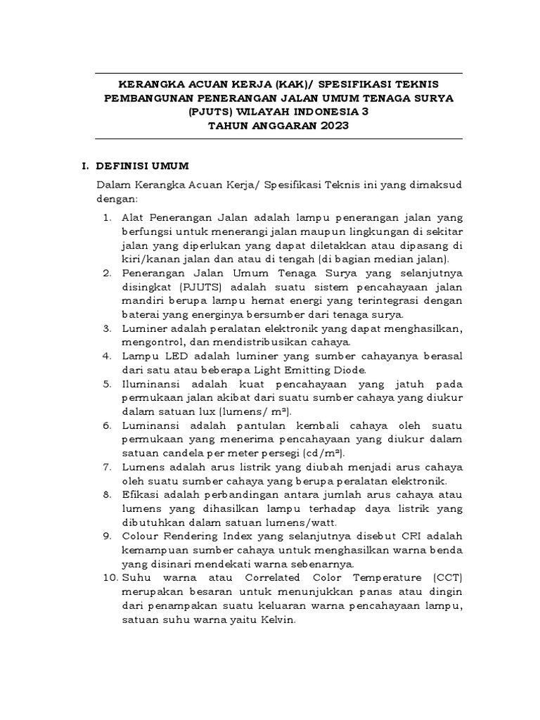 KAK Spek Teknis PJU TS Indo 3 2023 | PDF