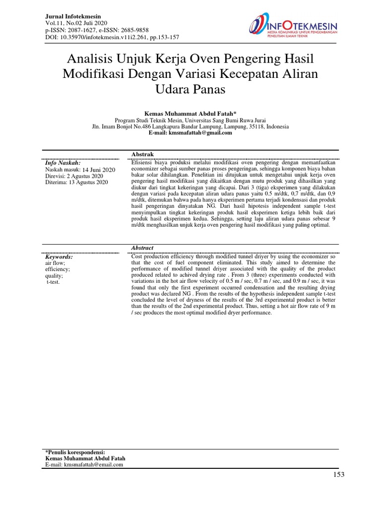 Analisis Unjuk Kerja Oven Pengering Hasil Modifika | PDF