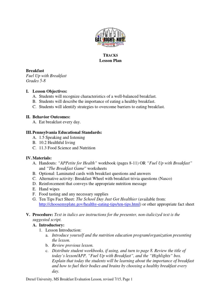 2 MS Breakfast Lesson Rev 7 15 NFS | PDF | Foods | Meal
