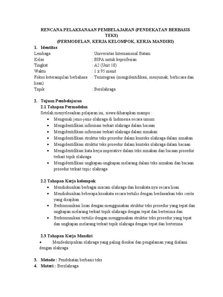 RPP Bipa Berolahraga | PDF