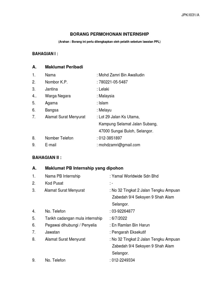 BORANG PERMOHONAN INTERNSHIP JPKI031A - Mohd Zamri Bin Awalludin | PDF