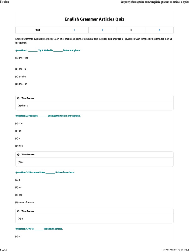 Mastering Articles: A Comprehensive Quiz on Using 'A', 'An' and 'The ...