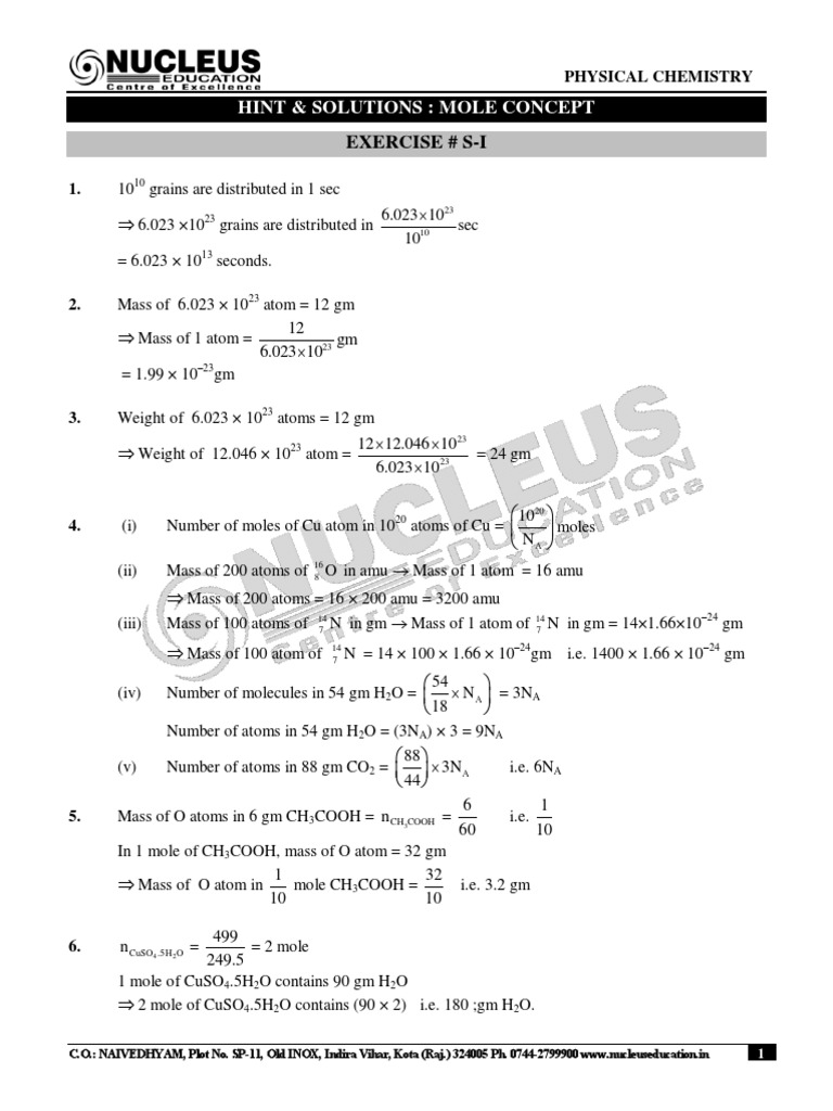 SOLUTION of Mole Concept Sheet 1630318949510 | PDF | Mole (Unit) | Molecules
