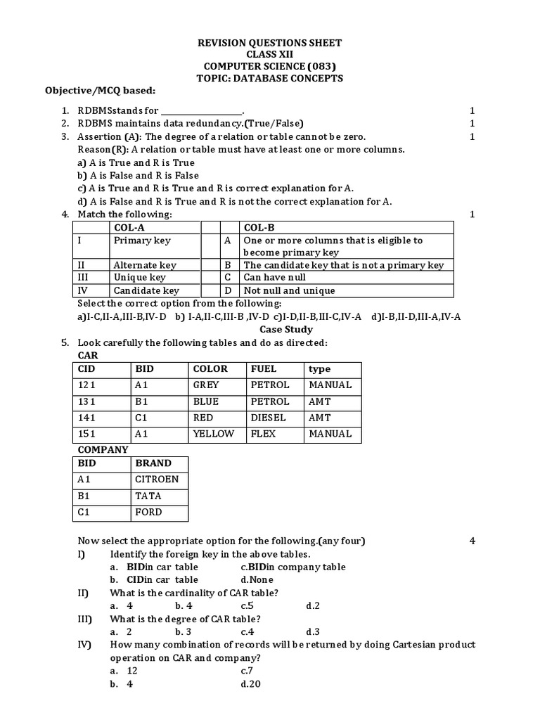 XII - Revision Sheet - 2 - C.S. | PDF | Relational Database ...
