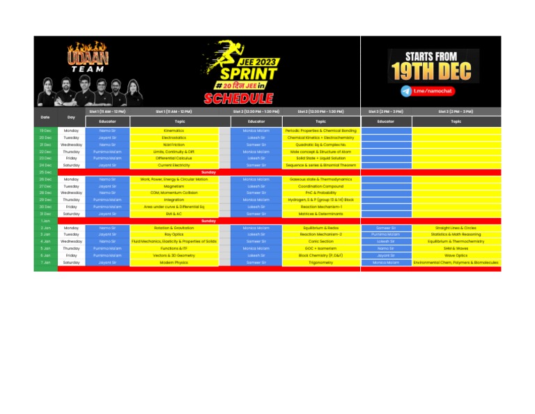 JEE 2023 Sprint - Schedule | PDF | Chemistry | Chemical Reactions
