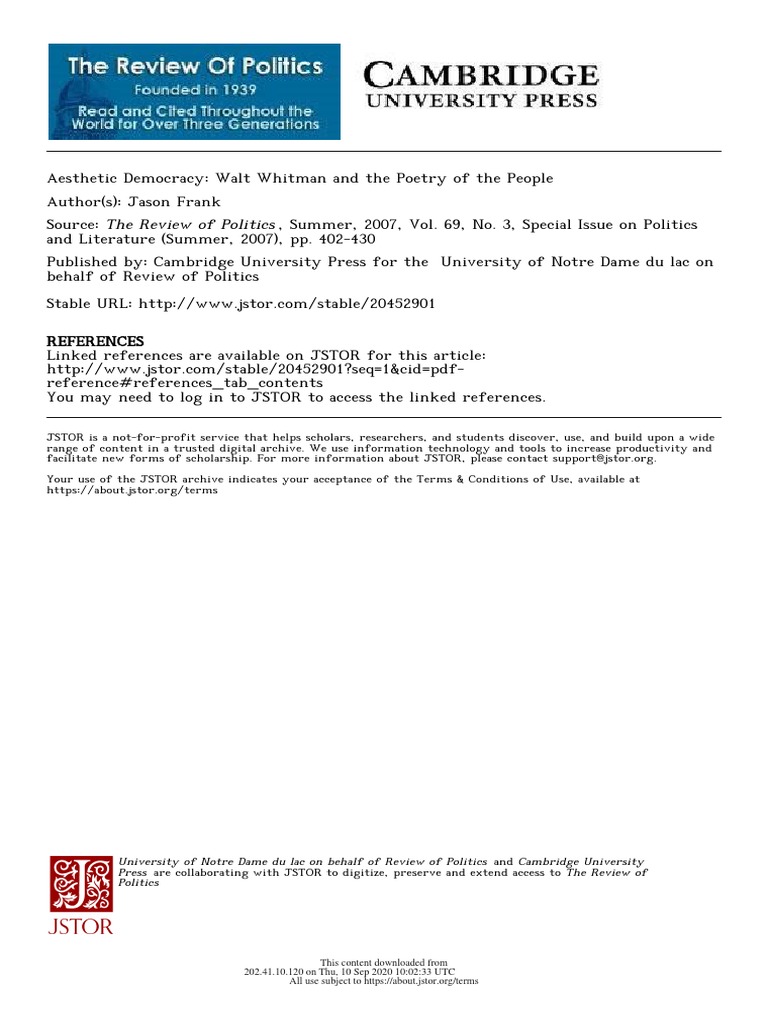 Aesthetic Democracy - Walt Whitman and The Poetry of The People | PDF ...