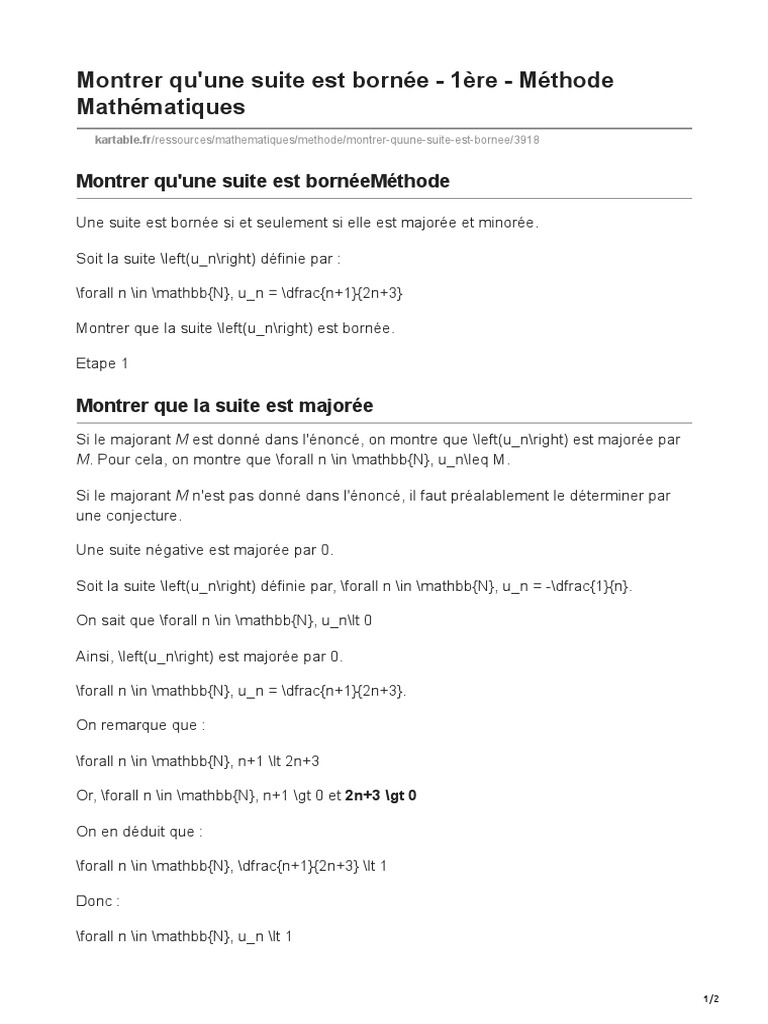 Montrer Quune Suite Est Bornée - 1ère - Méthode Mathématiques | PDF ...