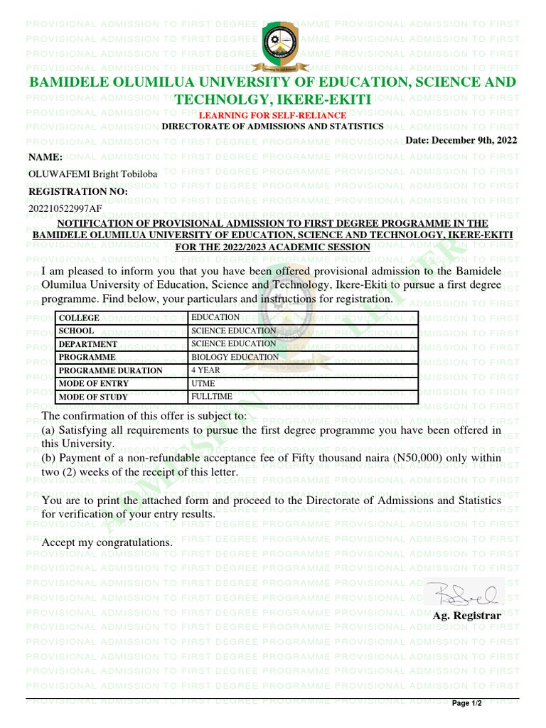 Admission Letter | PDF
