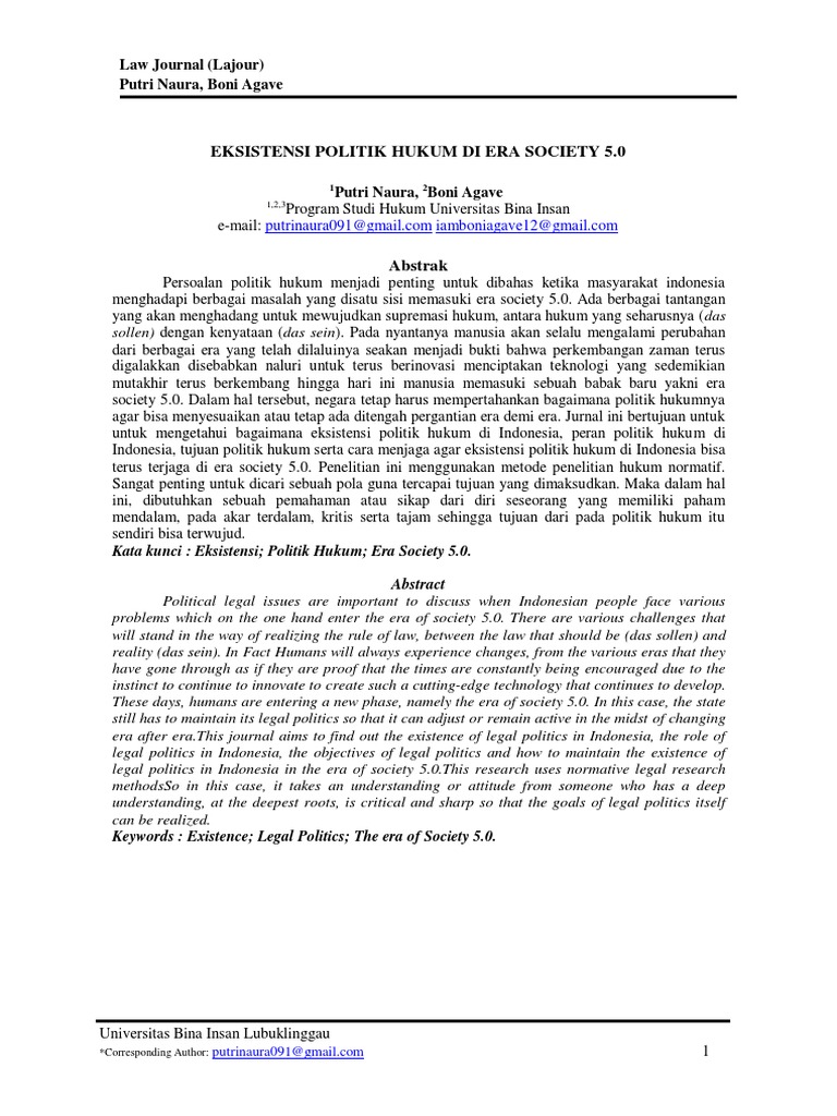 Eksistensi Politik Hukum Di Era Society 5.0 - Putri Naura&Boni Agave | PDF