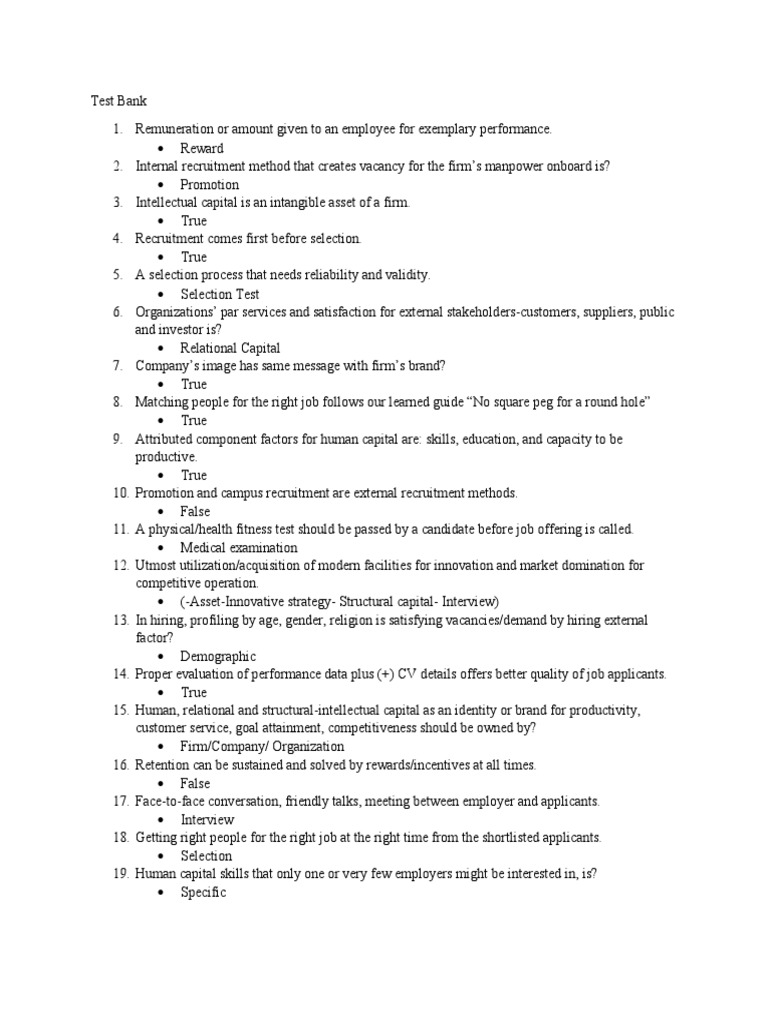 HRM Test Bank Overview and Concepts | PDF | Recruitment | Employment