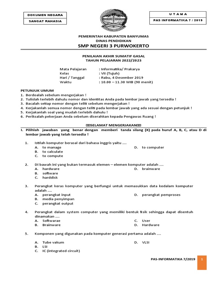 Soal Pas Informatika 7 Sem 1 2019 | PDF