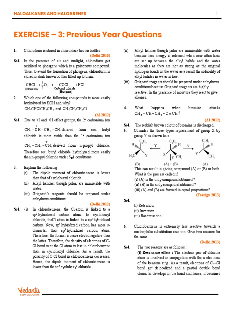 Haloalkanes and Haloarenes - CBSE Ex-3 Sol File | PDF | Chemical Reactions | Chlorine