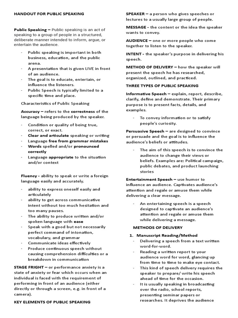 Public Speaking Essentials Handout | PDF | Public Speaking | Speech