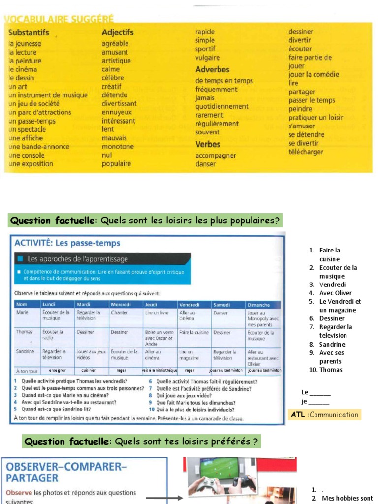 Unit 1 Quels Sont Tes Loisirs Lesson 3. | PDF