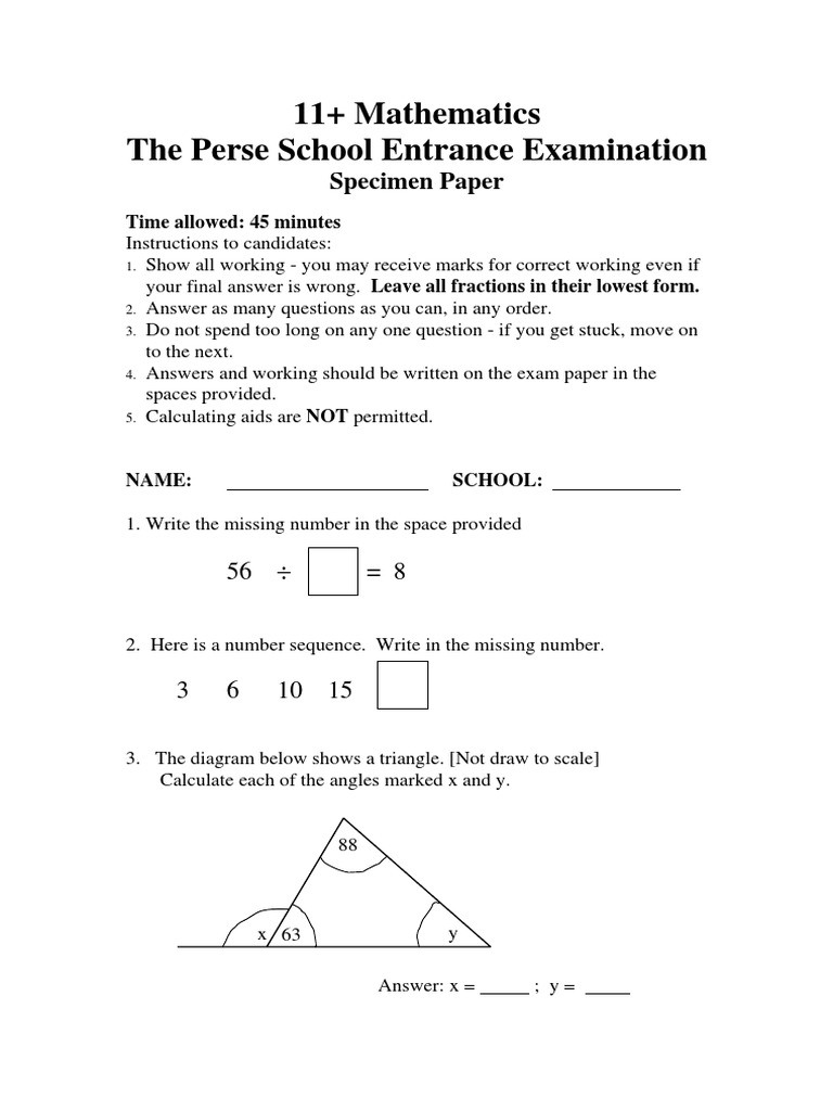 Perse Entrance Exam Sample Paper 1 1 | PDF | Mathematics