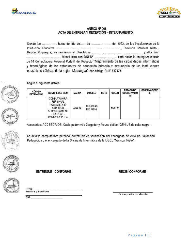 Anexo 006 Acta de Entrega y Recepción - Internamiento | PDF