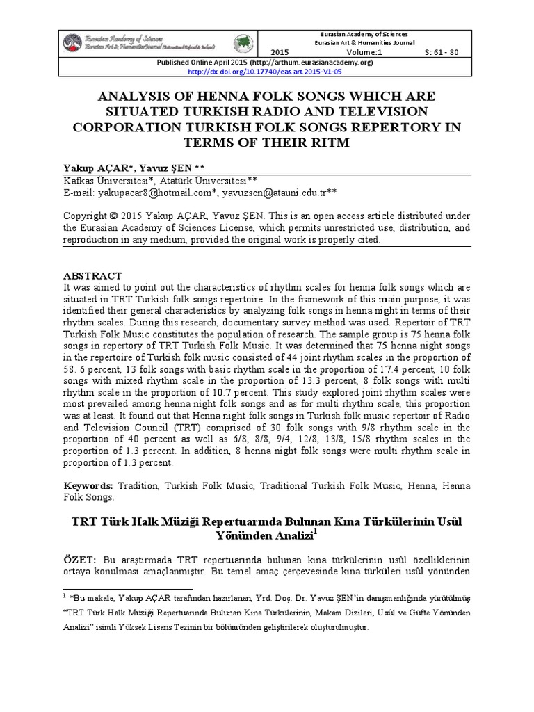 TRT Türk Halk Müziği Repertuarında Bulunan Kına Türkülerinin Usûl ...