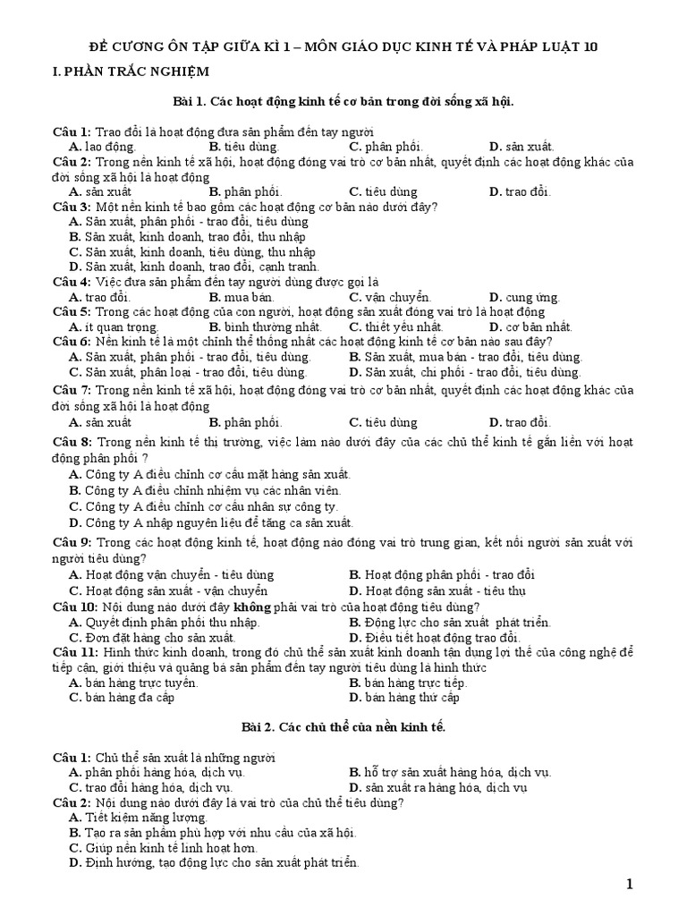 ĐỀ CƯƠNG ÔT KTPL 10 Học sinh | PDF