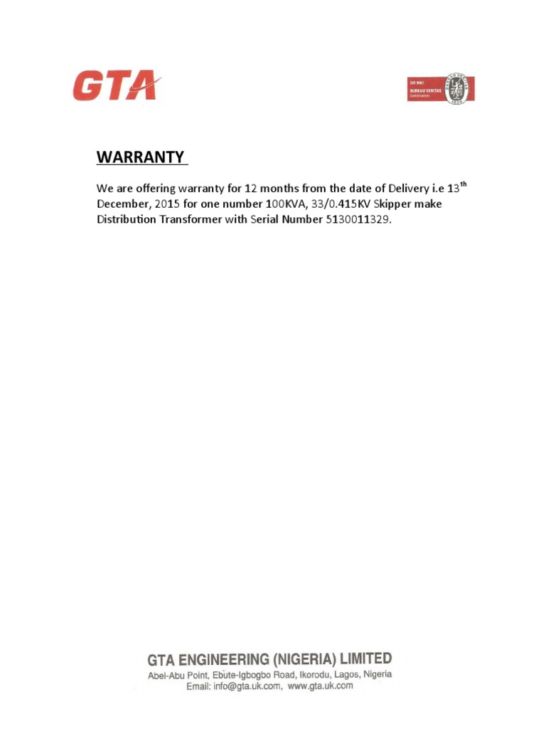 Warranty Certificate Format | PDF