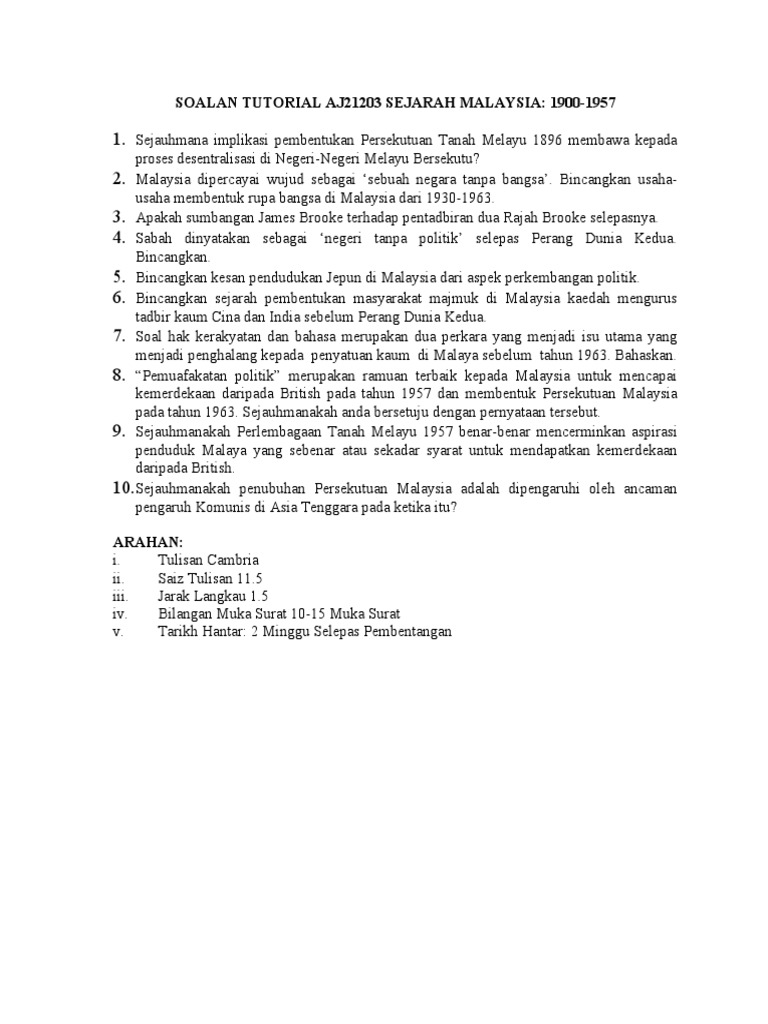 Soalan Tutorial Aj21203 Sejarah Malaysia | PDF