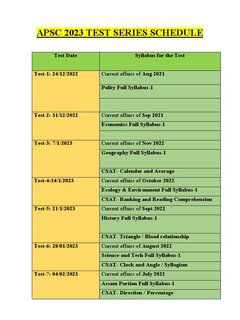 APSC 2023 Test Series Schedule | PDF | Technology & Engineering