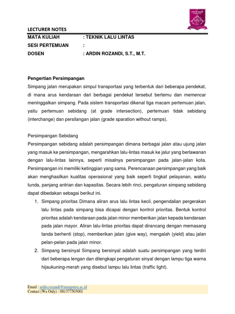2 Lecturer Note TEKLALIN Kontrol Persimpangan | PDF