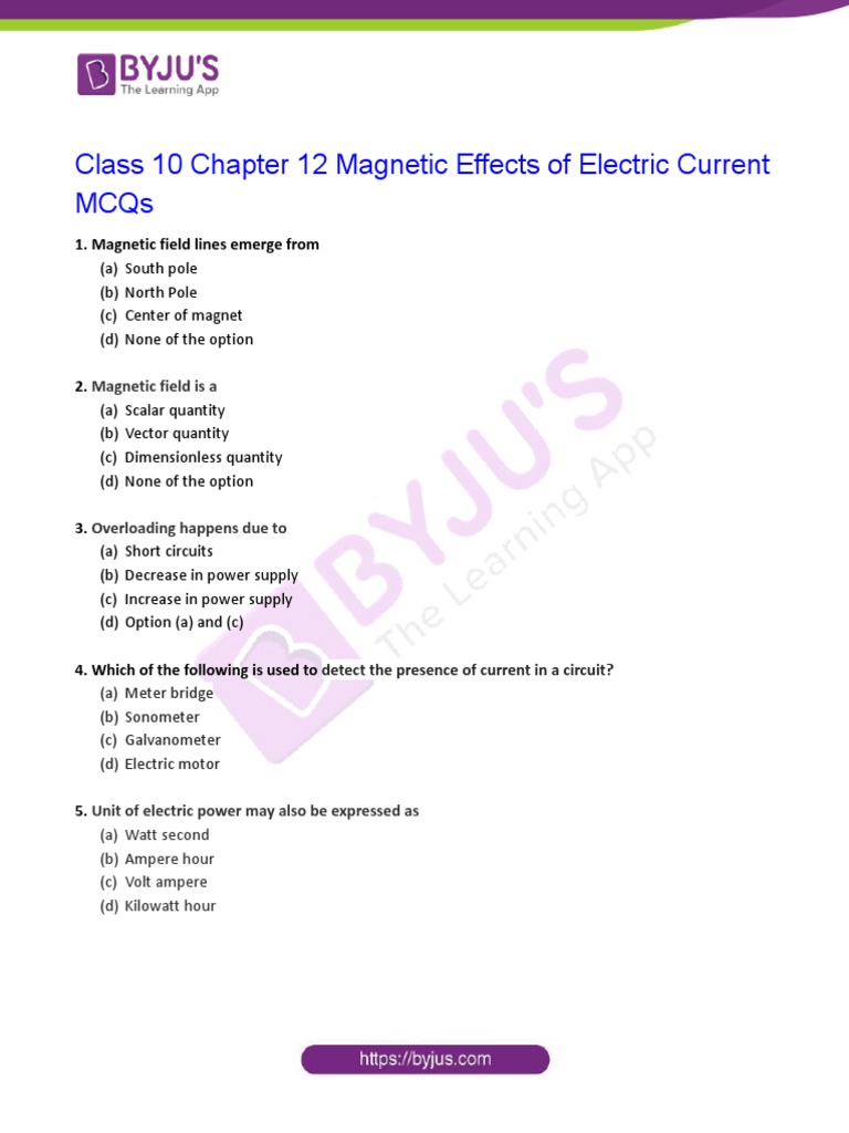 Chapter 13 Magnetic Effects of Electric Current MCQs | PDF