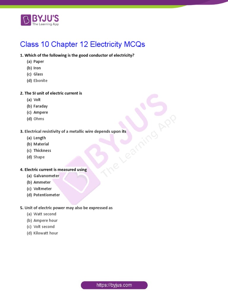 Class-10-Physics-Chapter-12-Electricity-MCQs | PDF