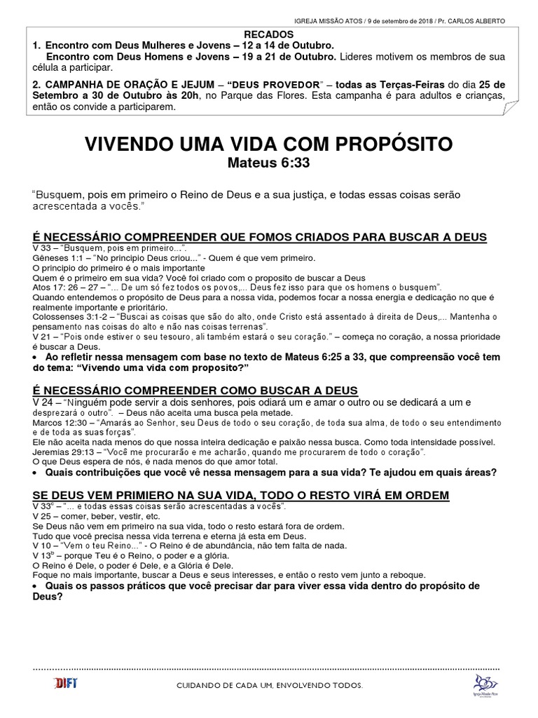 Vivendo Uma Vida Com Propósito Pdf Amor Deus