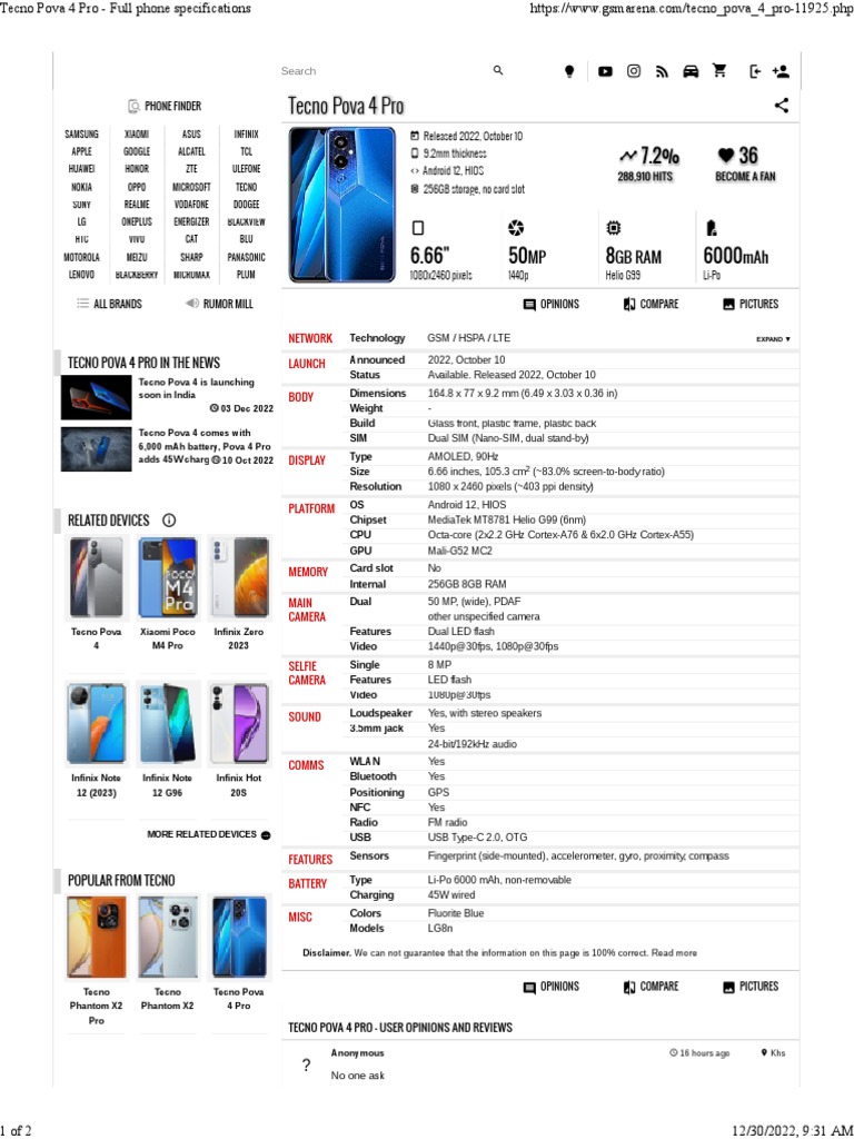 Tecno Pova 4 Pro | PDF | Mobile Telecommunications User Equipment | Portable Electronics