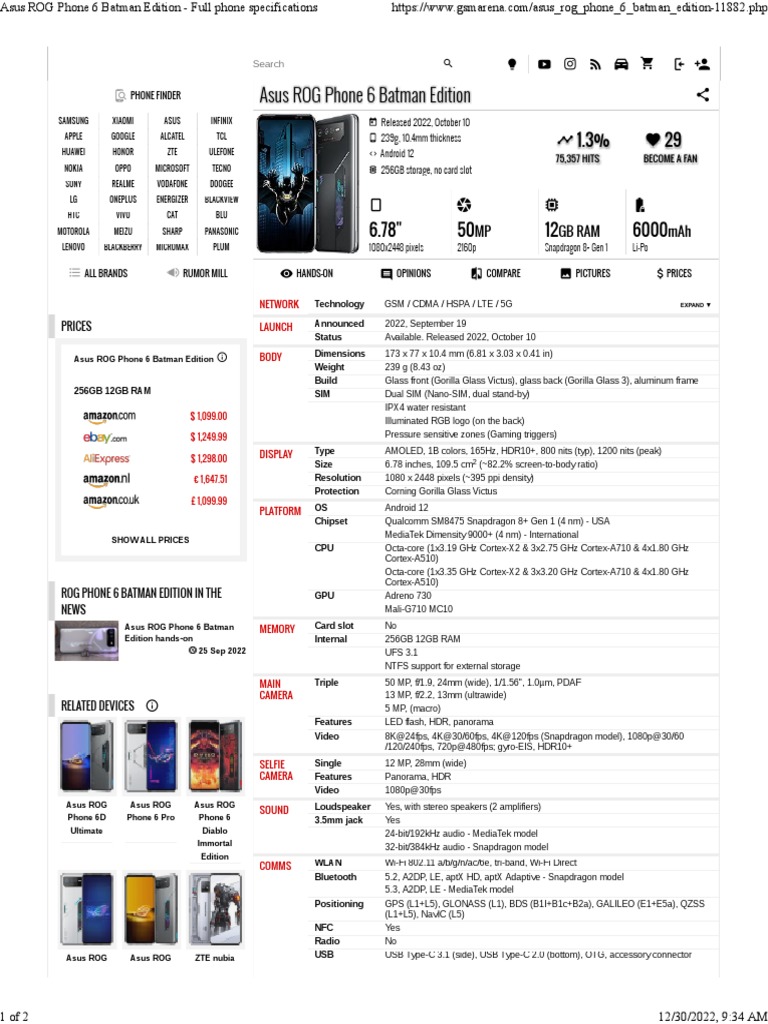 Asus ROG Phone 6 Batman Edition | PDF | Smartphone | Telecommunications