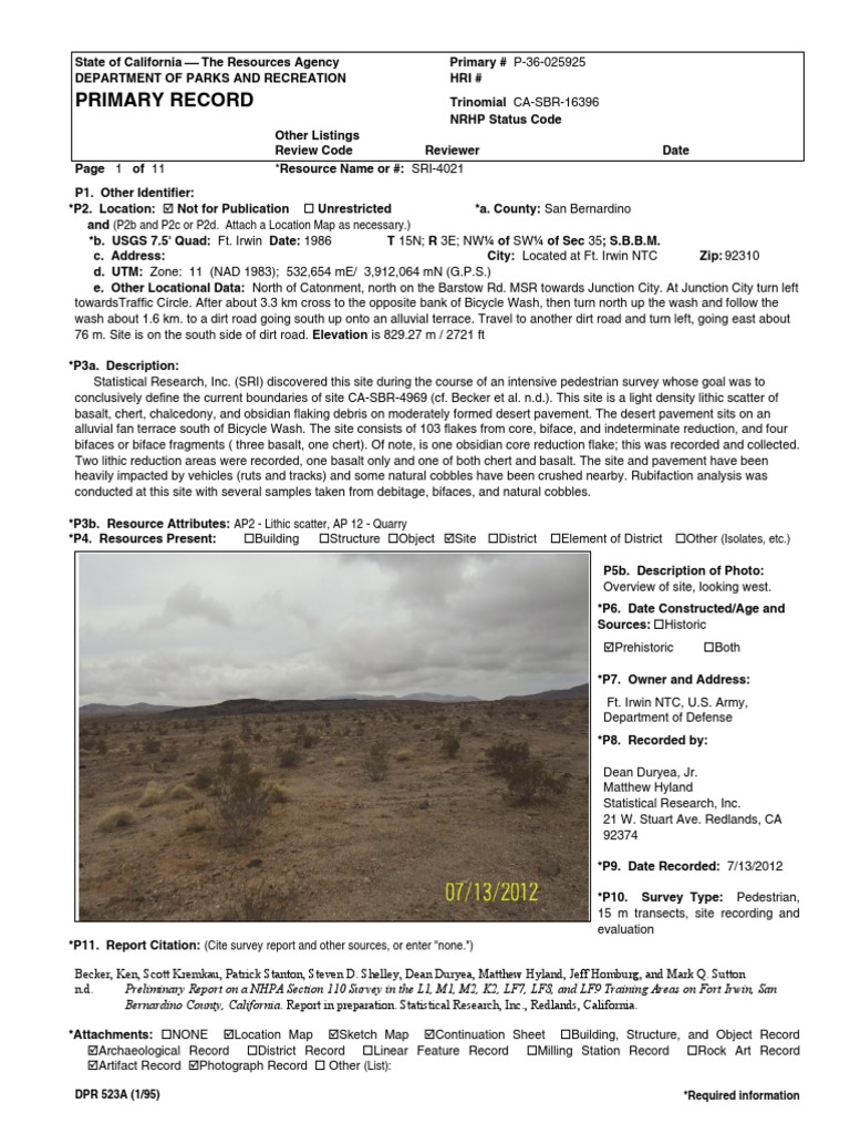 State of California Archaeological Site Record for SRI-4021 Lithic ...