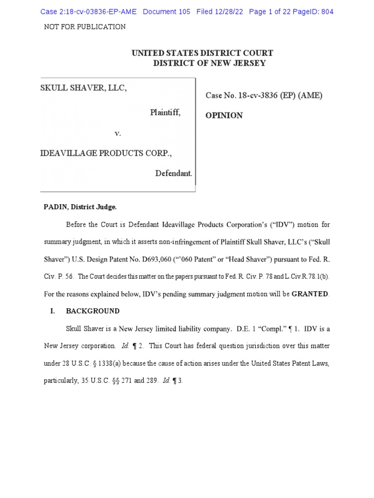 Skull Shaver v. Ideavillage Summary Judgment | PDF | Summary Judgment | Patent