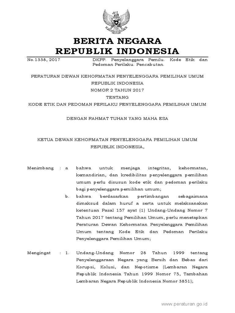 Per DKPP No 2 Tahun 2017 TTG Kode ETik Dan Pedoman Perilaku ...