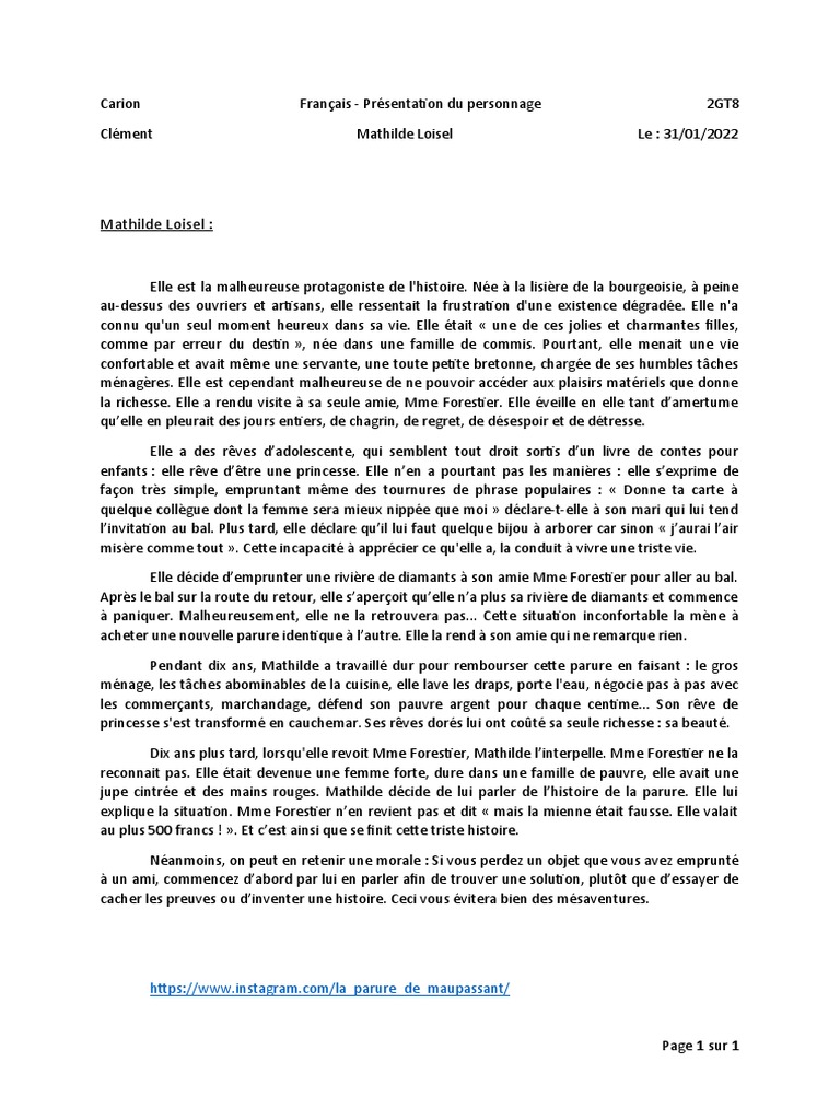 La Parrure Présentation Du Personnage Mathilde Loisel 2GT8 | PDF
