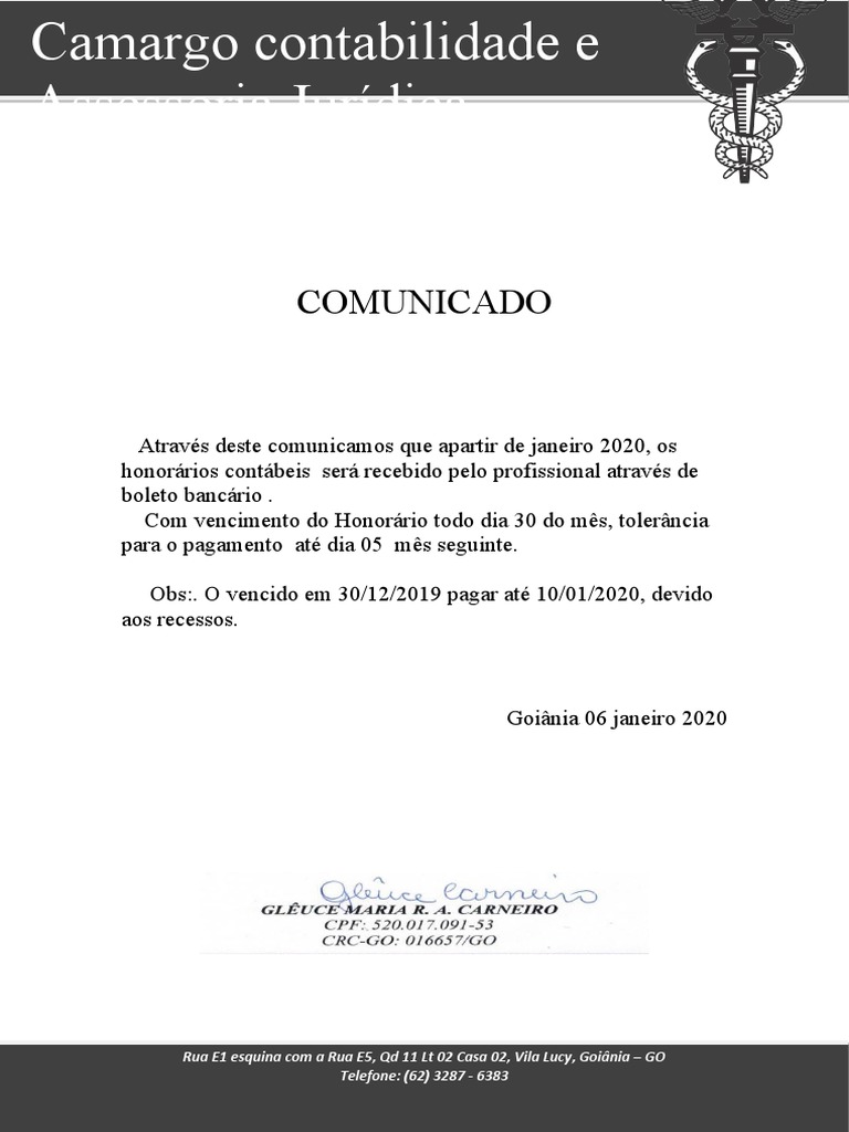 Comunicado Sobre Pagamento de Honorario Contabil 2020 | PDF