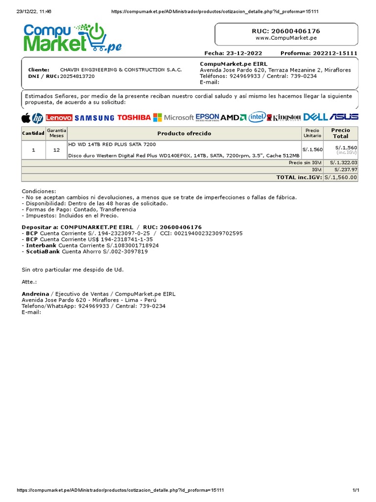 Compumarket - Pe Eirl Fecha: 23-12-2022 Proforma: 202212-15111 | PDF